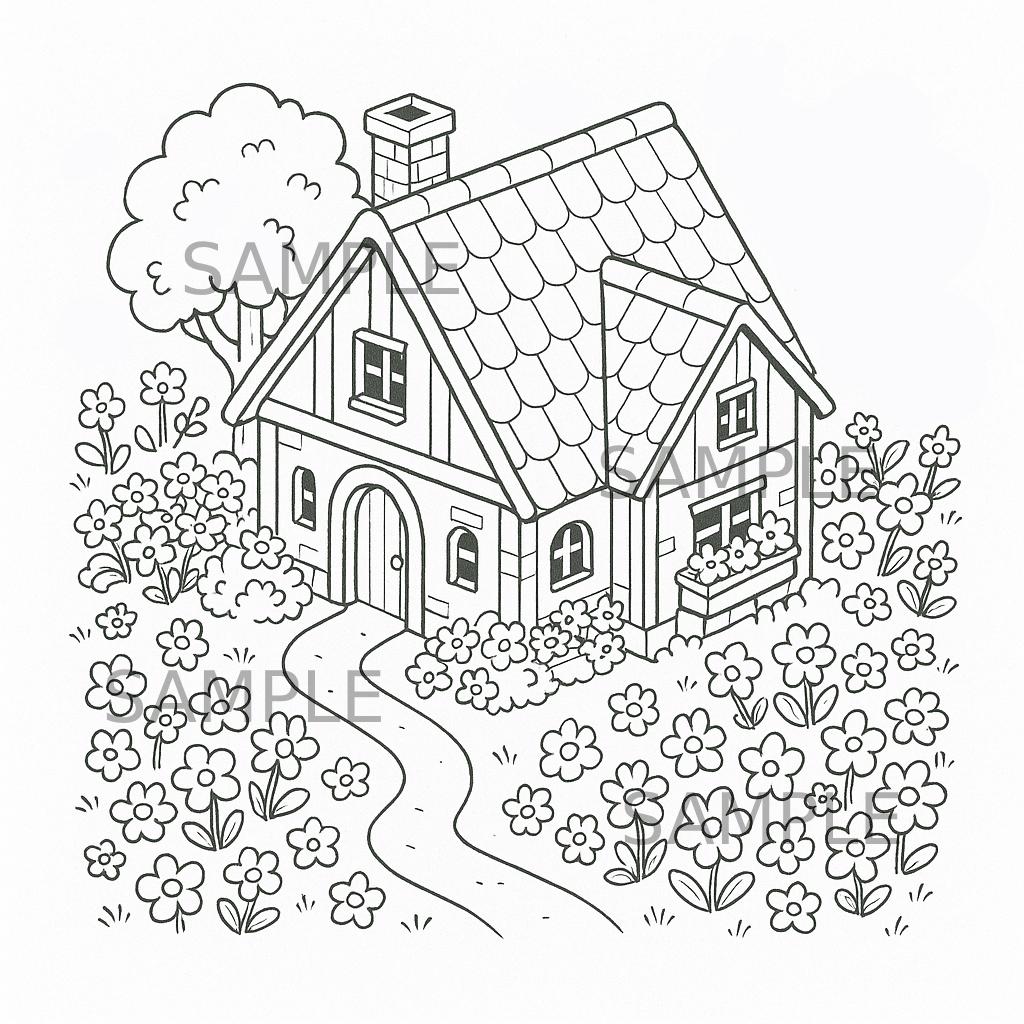 Flower Cottage Coloring Page Printable, Whimsical Spring Garden House ...
