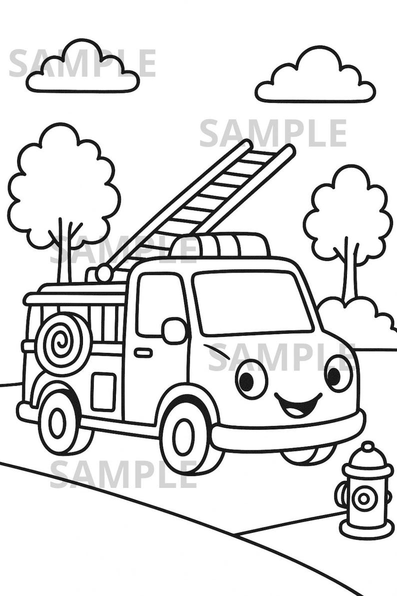 Fire Truck Coloring Page for Kids, Cute Fire Engine Printable PDF and ...