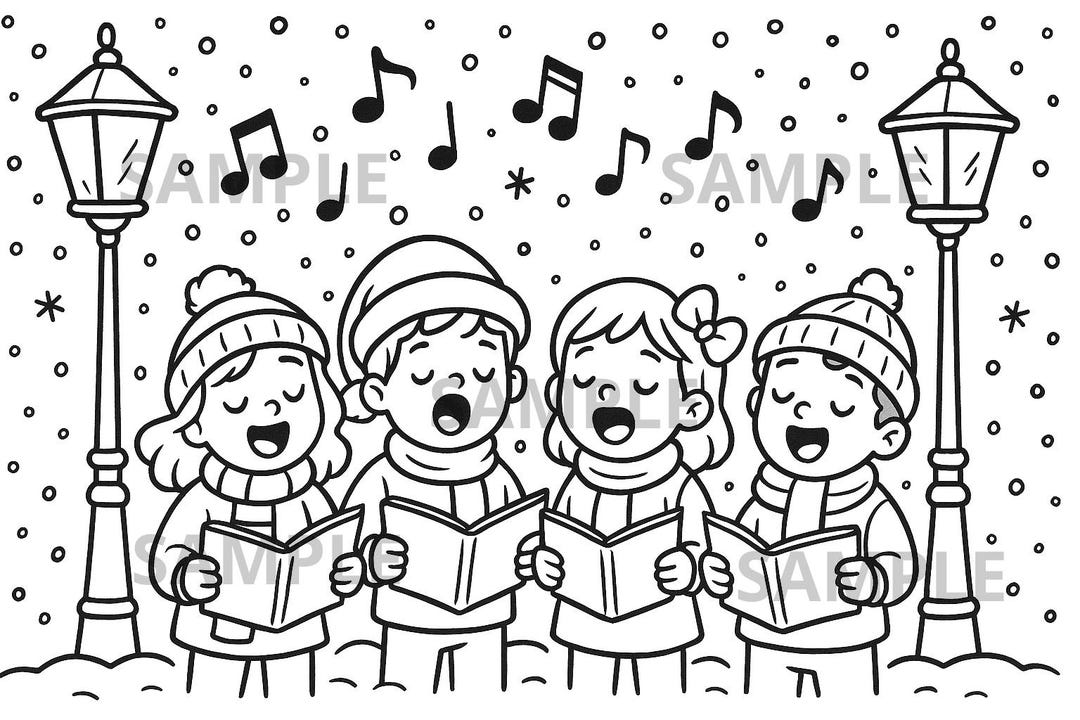 Christmas Carolers Kids Coloring Page, Winter Singing Choir Printable ...