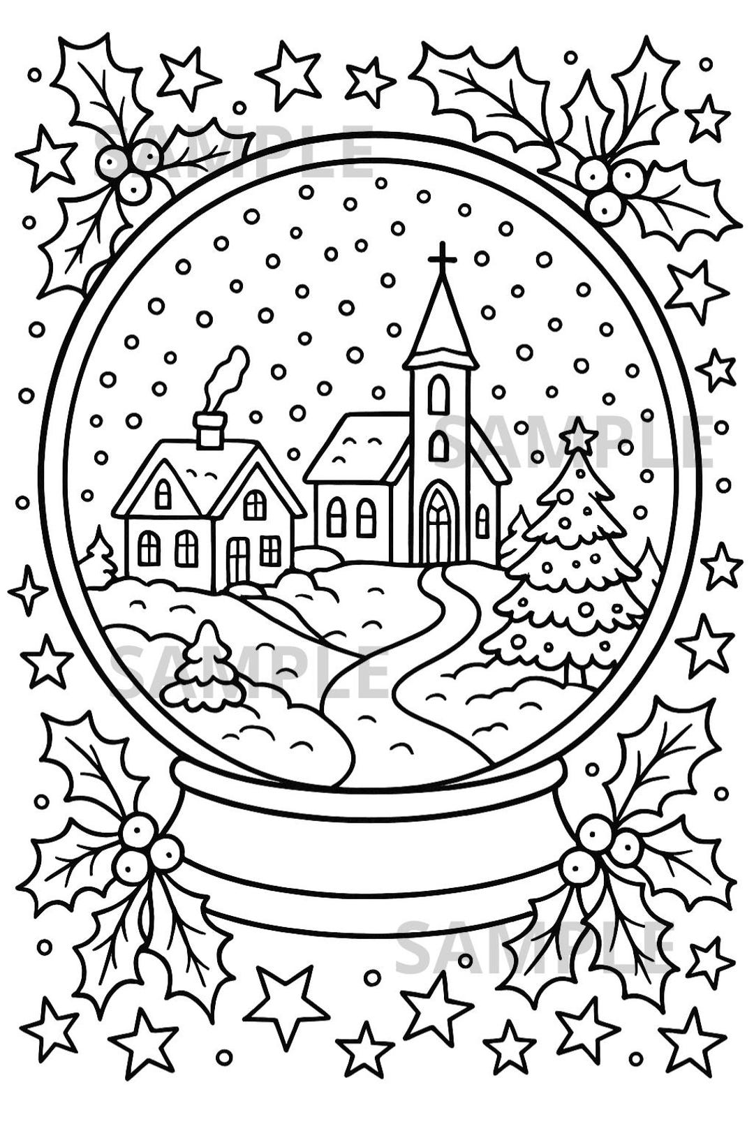 Christmas Snow Globe Coloring Page, Winter Village Church House Scene ...