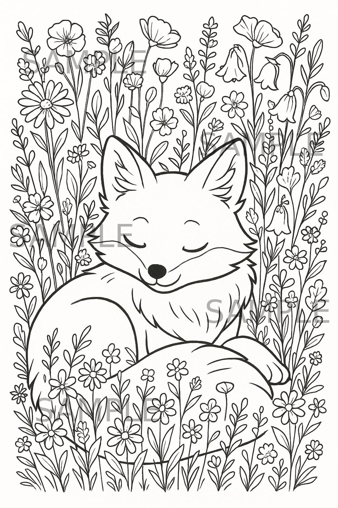 Cottagecore Fox Coloring Page, Woodland Animal Printable, Sleeping Fox ...