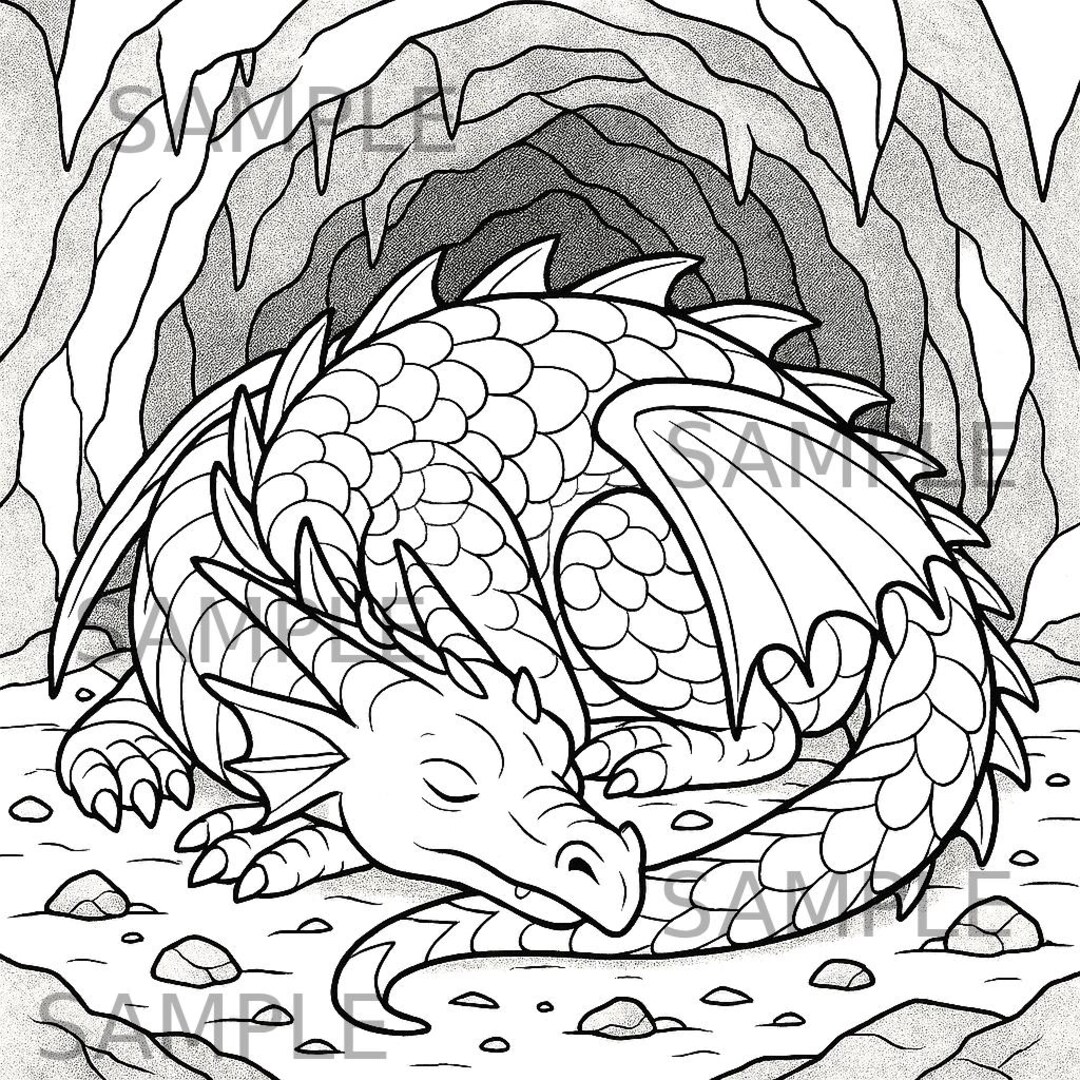 Sleeping Dragon Coloring Page PNG, Fantasy Dragon Art, Relaxing ...