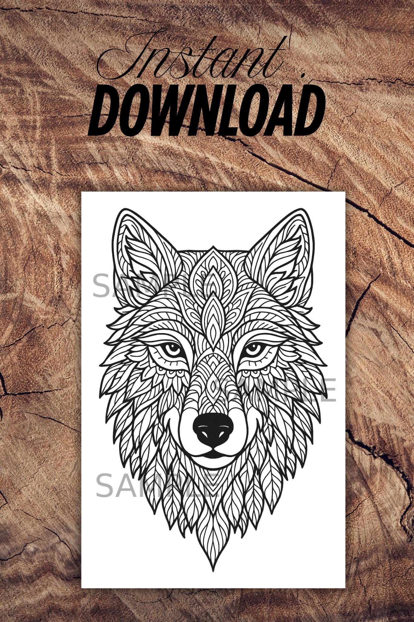 Wolf Coloring Page for Adult, PNG Digital Download, Intricate Zentangle ...