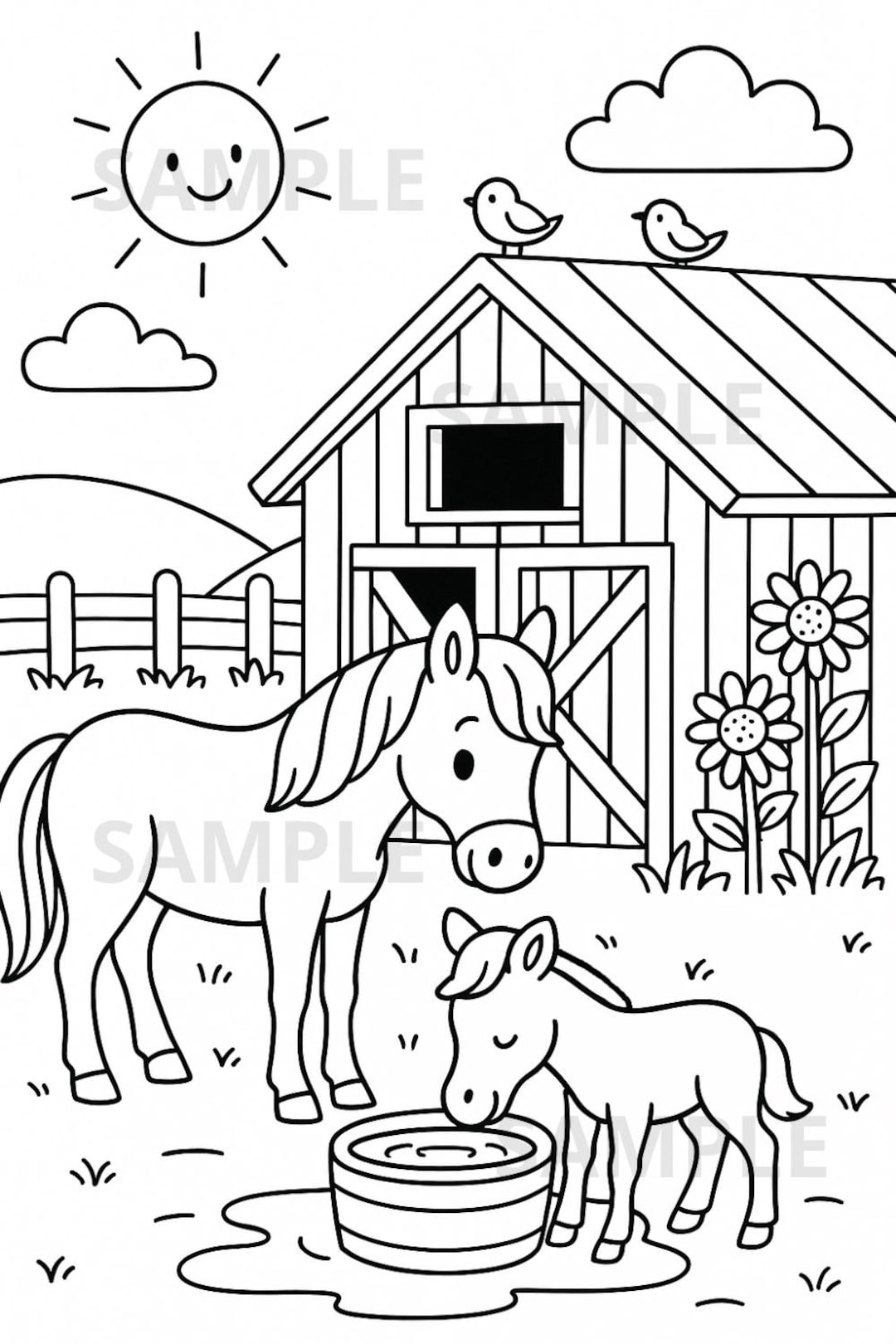 Horse Coloring Page PNG, Barn Farm Scene With Foal Drinking Water, Cute ...