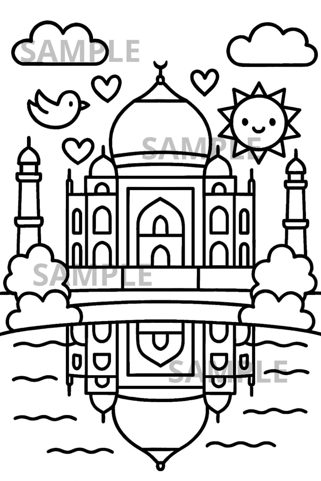 Taj Mahal India Coloring Page for Kids and Adults, Printable PNG Line ...