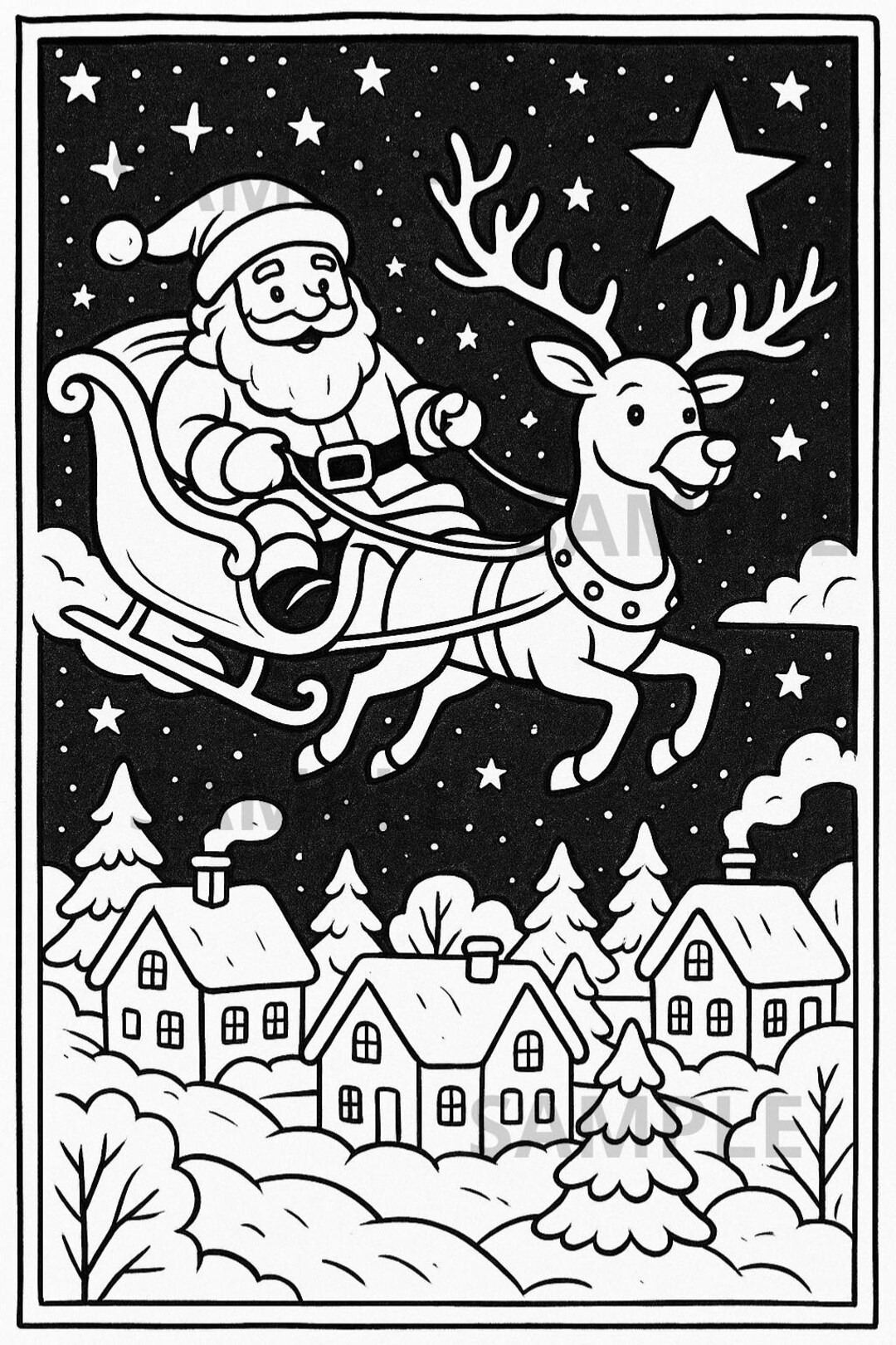 Santa Sleigh Christmas Coloring Page, Flying Reindeer Winter Village ...