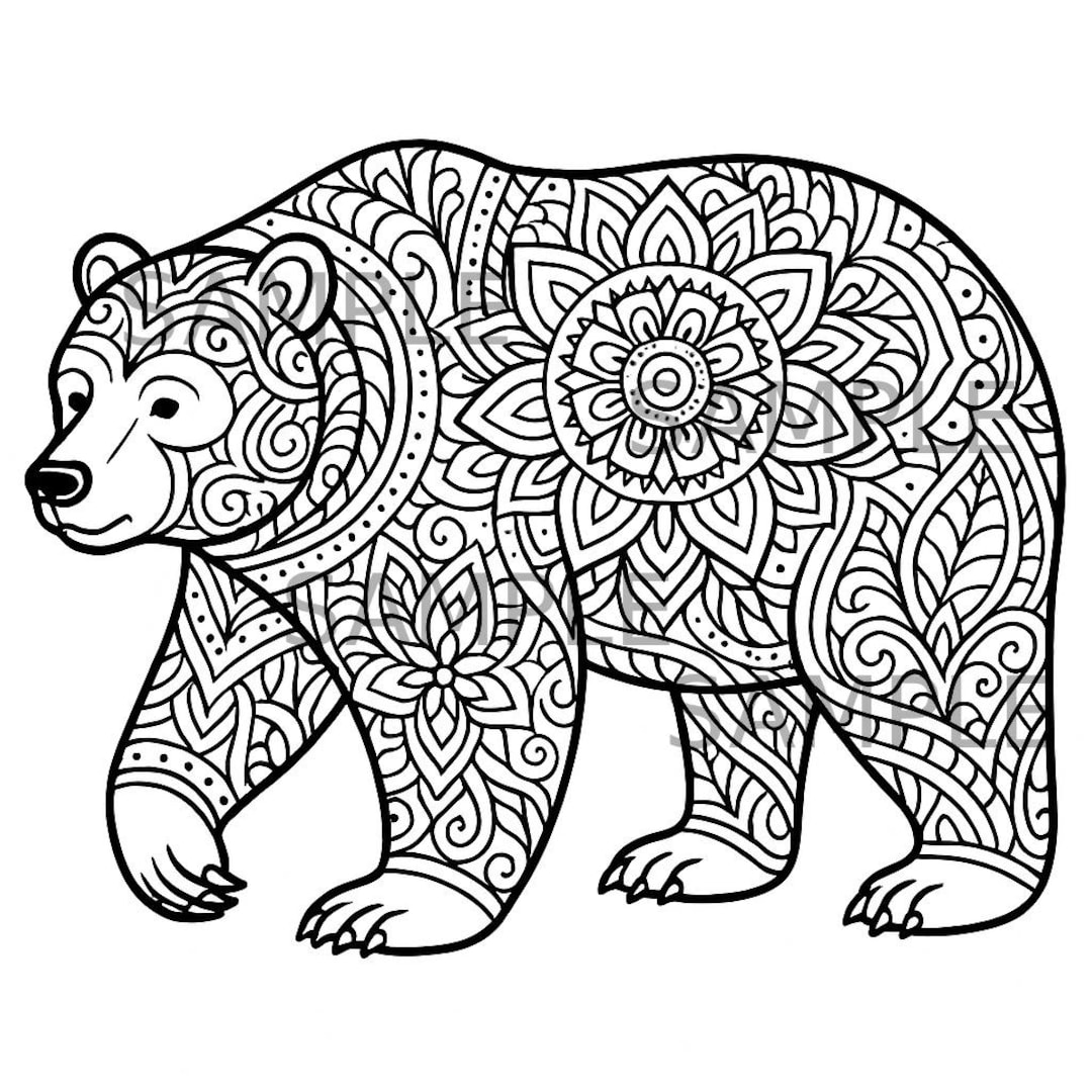 Mandala Bear Coloring Page, Printable Animal Mandala Art for Adults and ...