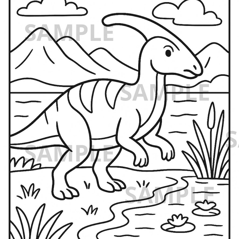 Parasaurolophus Dinosaur Coloring Page PNG, Printable Prehistoric Dino ...