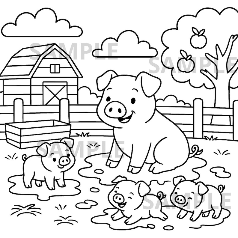 Pig Coloring Page PNG, Cute Piglets in Mud Farm, Barn and Apple Tree ...