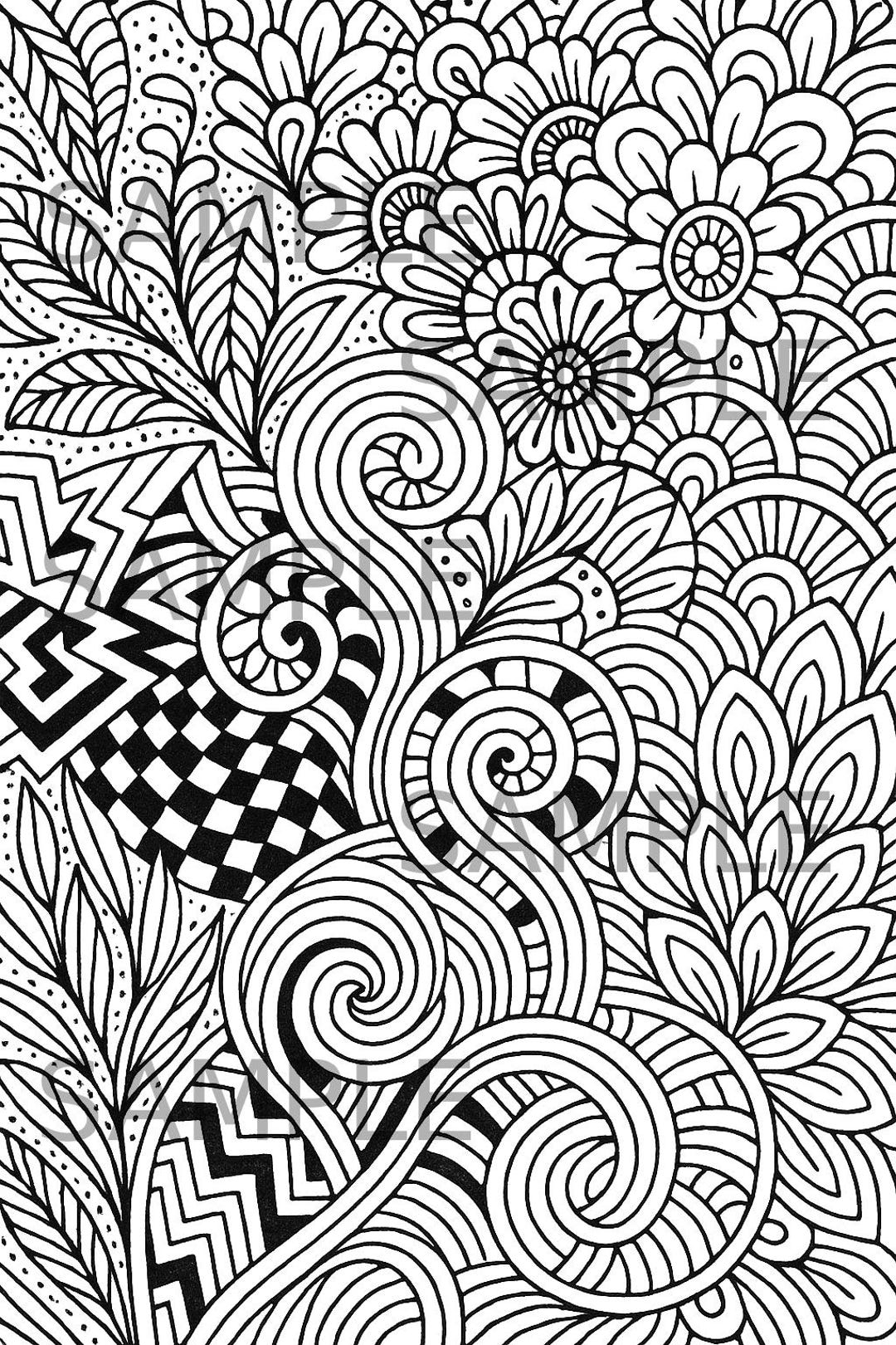 Floral Swirl Coloring Page, Abstract Flower and Checkerboard Pattern ...
