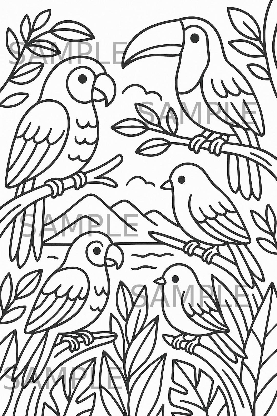 Tropical Bird Coloring Page PNG, Exotic Parrot Line Art, Printable ...