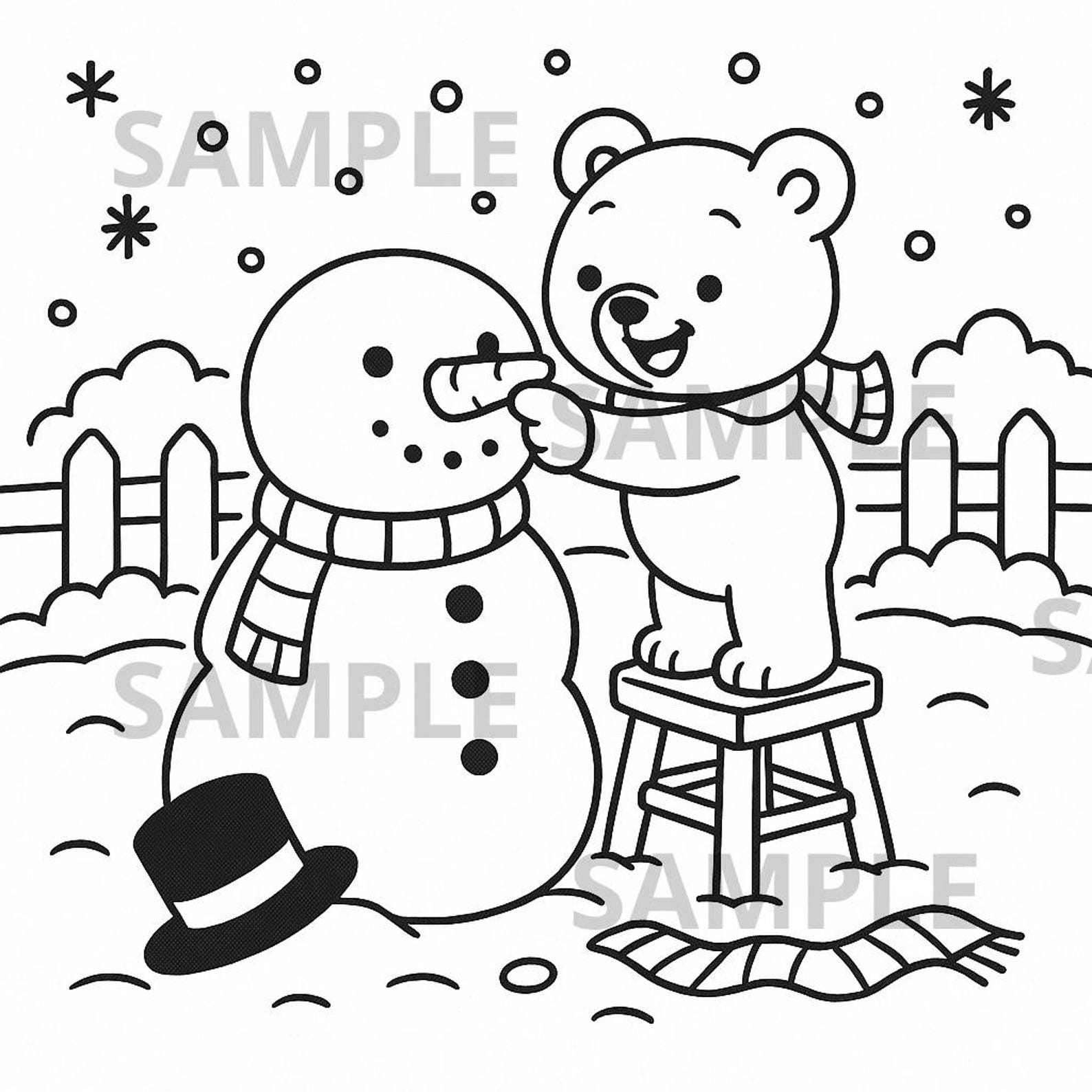 Bear Building Snowman Coloring Page, Winter Bear Printable, Christmas ...