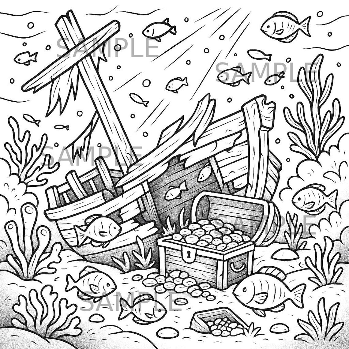 Shipwreck Coloring Page, Under the Sea Printable Art With Treasure ...