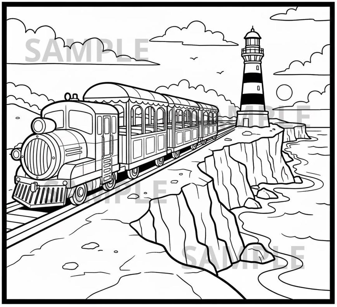 Cute Coastal Train Ride Coloring Page for Adults and Kids, Seaside ...