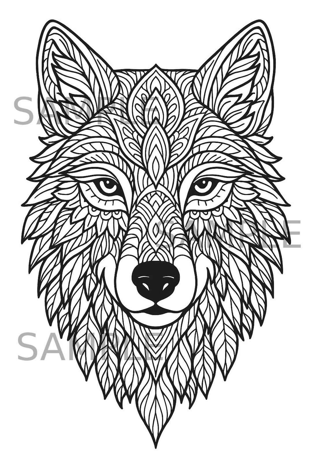 Wolf Coloring Page for Adult, PNG Digital Download, Intricate Zentangle ...