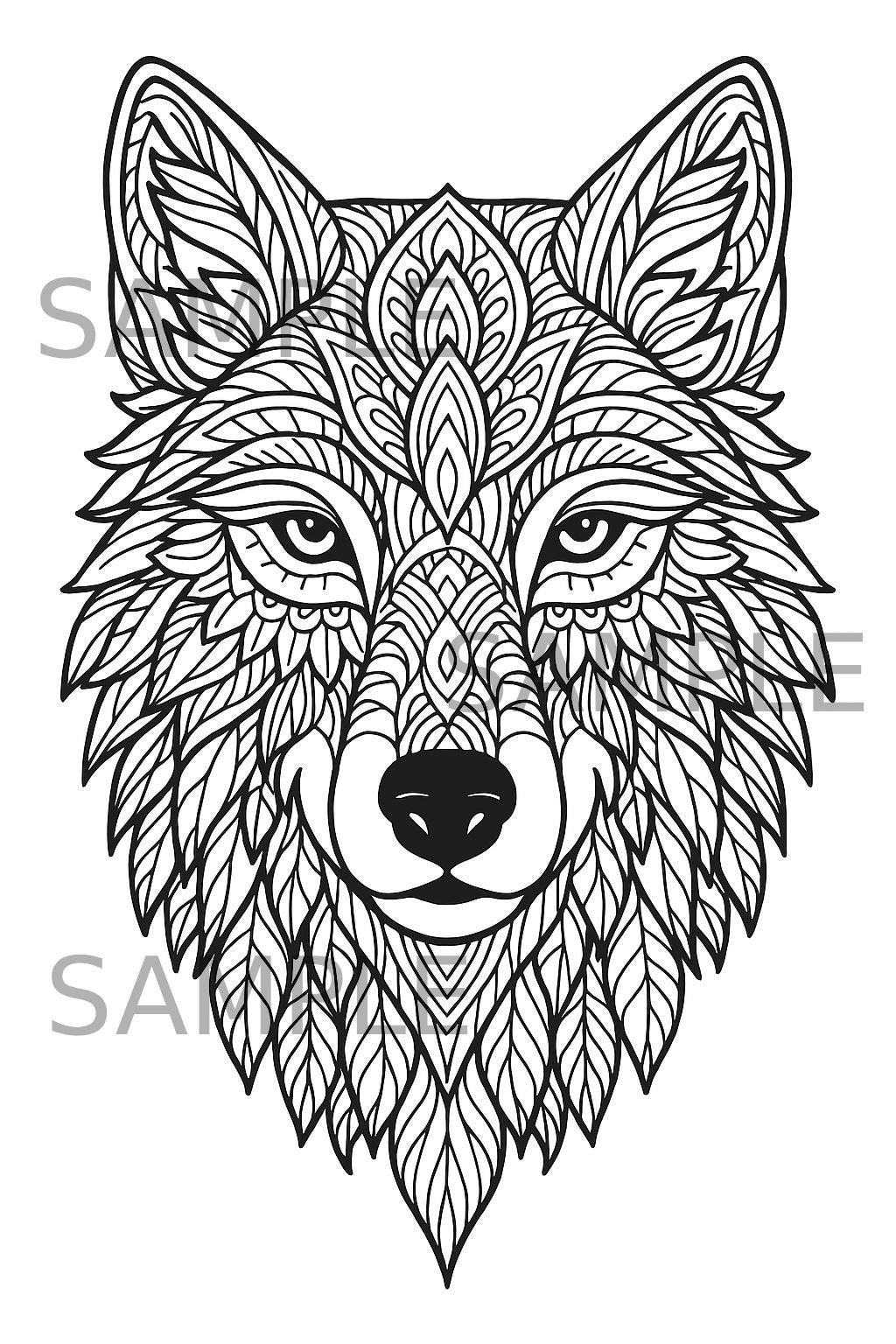 Wolf Coloring Page for Adult, PNG Digital Download, Intricate Zentangle ...