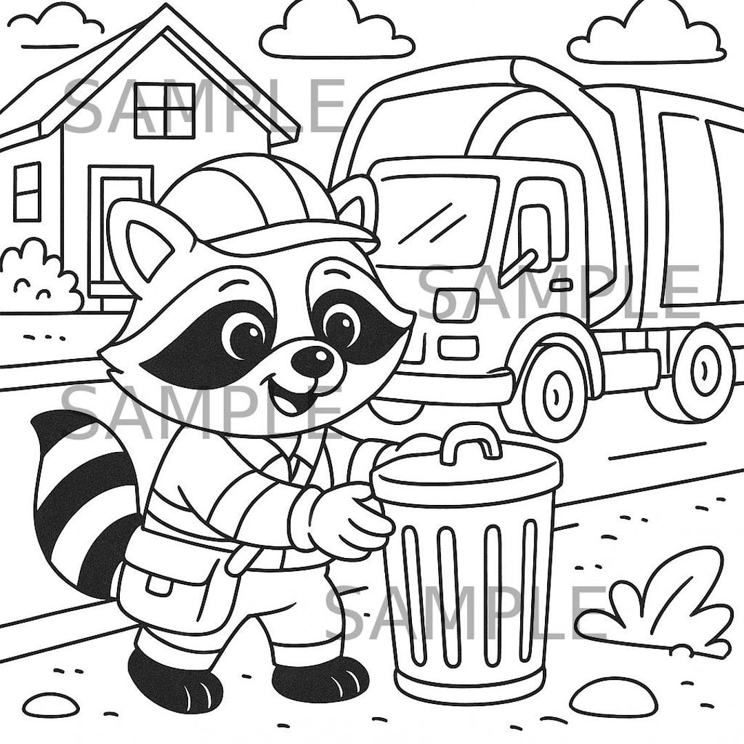 Raccoon Trash Collector Coloring Page, Printable Cute Animal Working ...