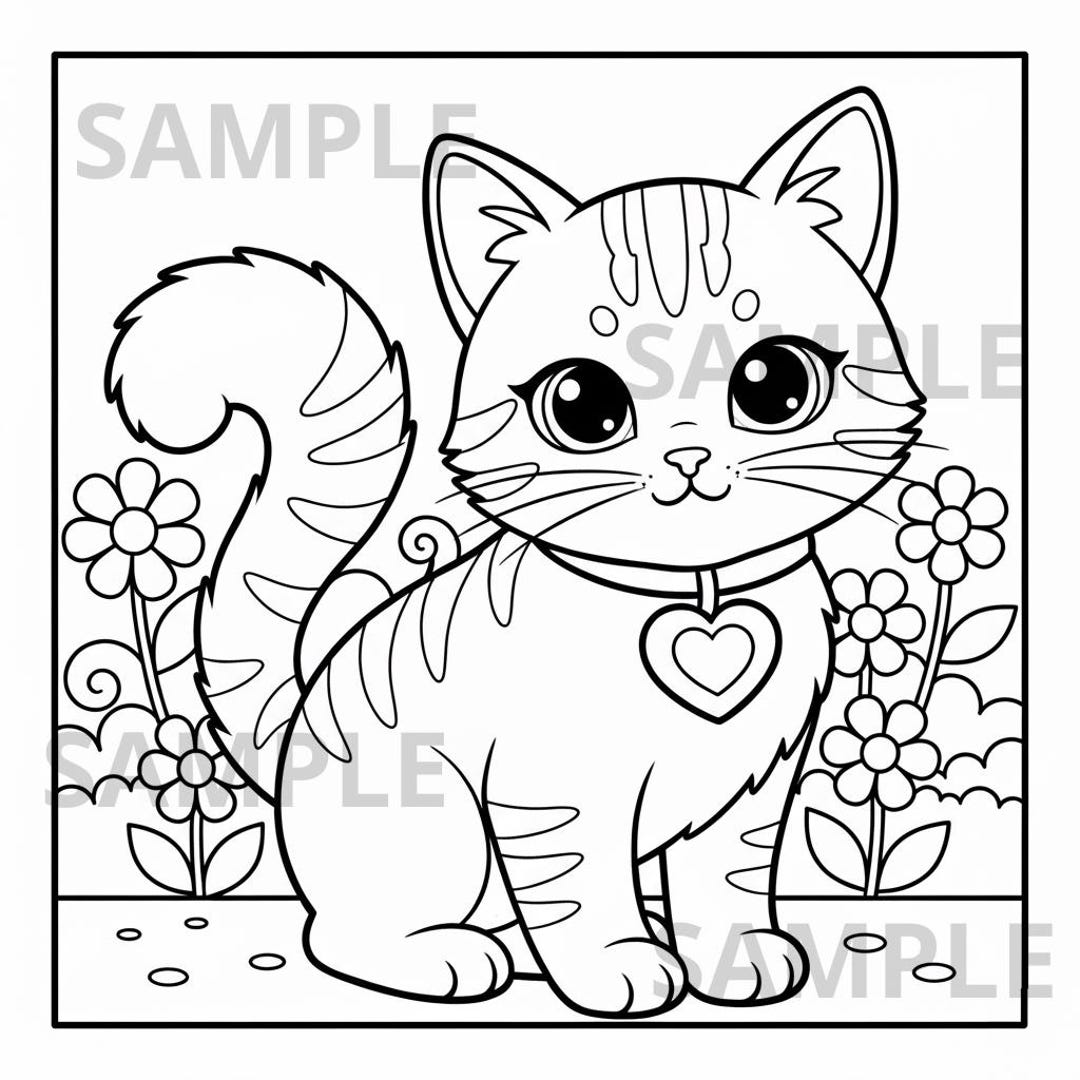 Adorable Kitten Coloring Page Printable, Cute Cat Line Art for Kids and ...
