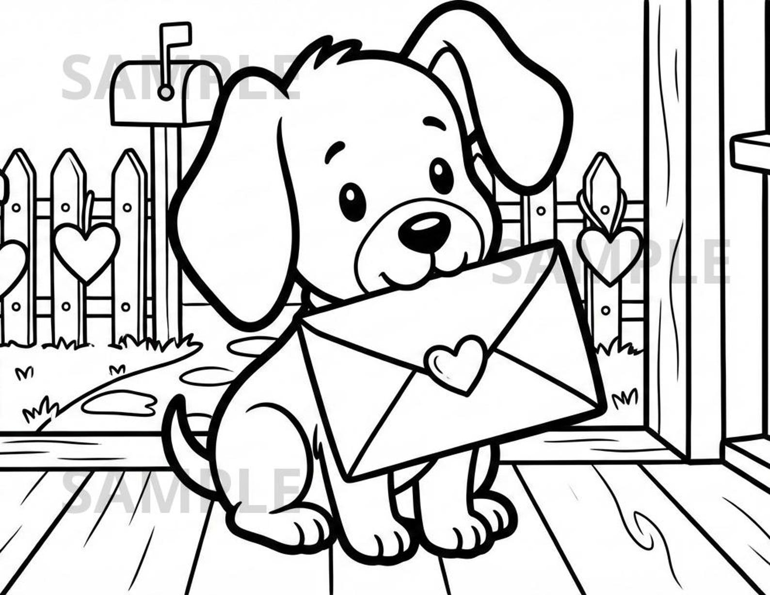 Puppy Valentine Coloring Page, Cute Dog With Love Letter Coloring for ...