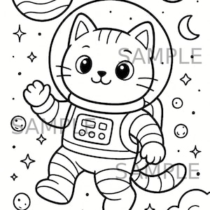 Space Cat Coloring Page, Printable Cute Animal Working PNG Coloring ...