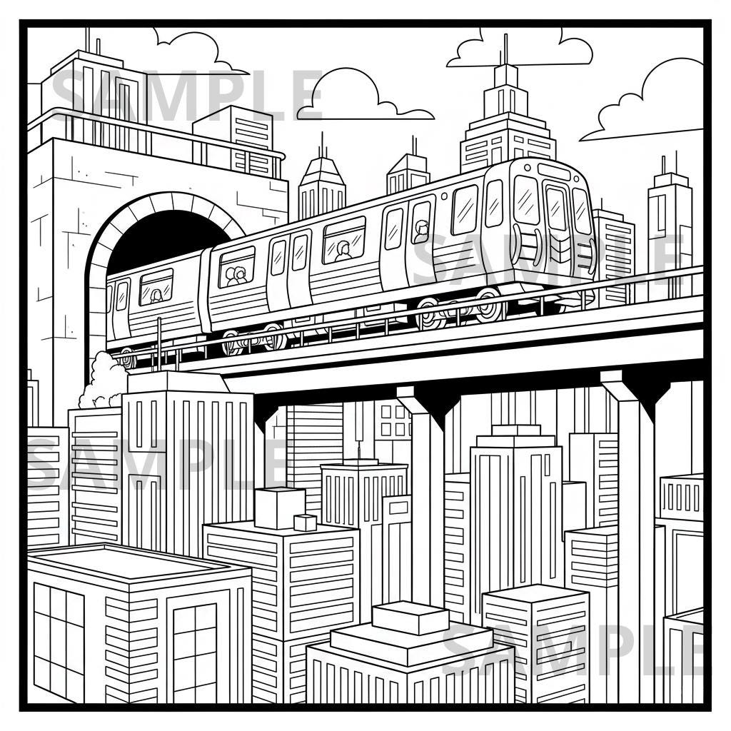 City Subway Train Coloring Page for Adults and Kids, Urban Transit ...
