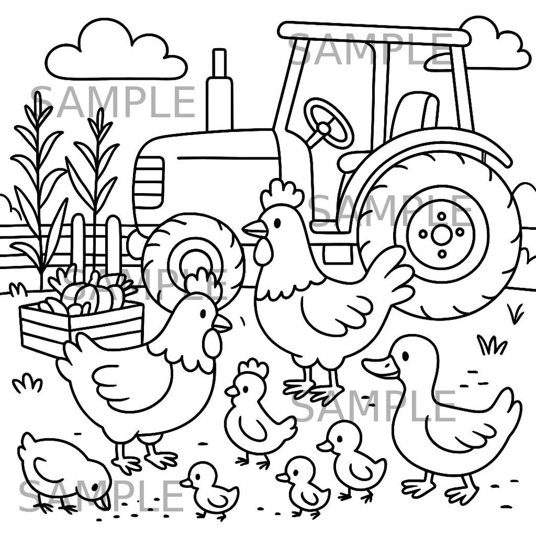 Farm Tractor and Barnyard Animals Coloring Page Printable, Kids Farm ...