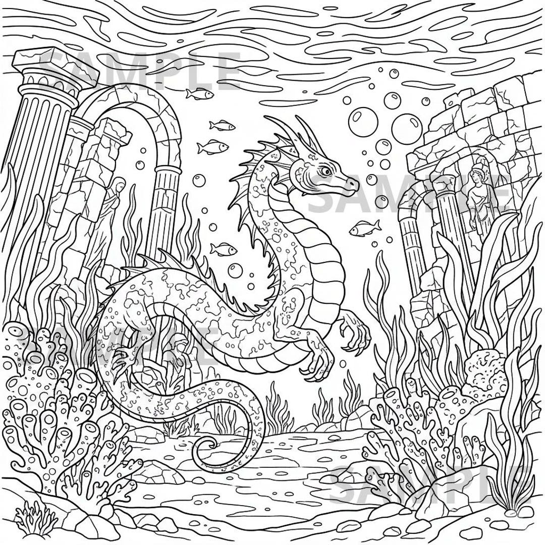Deep Sea Leviathan Dragon Coloring Page for Adult & Kid, Ocean Fantasy ...