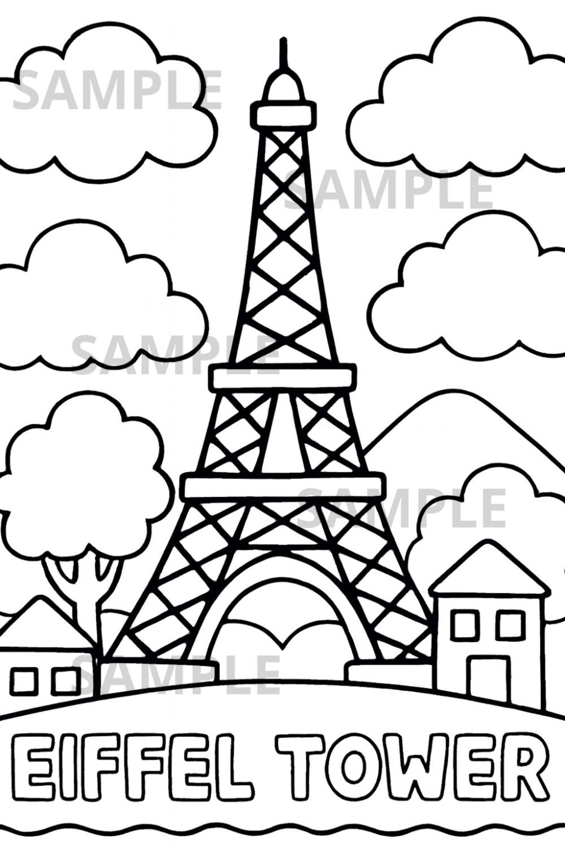 Cute Eiffel Tower Coloring Page for Kids, Famous Landmark PNG, Simple ...