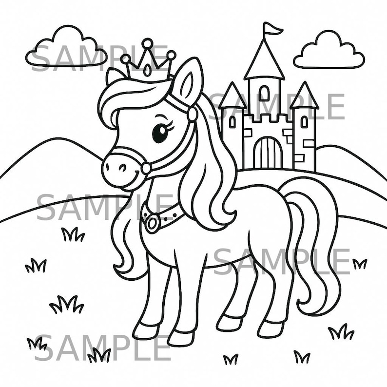 Princess Pony Coloring Page Printable, Cute Pony With Castle Coloring ...