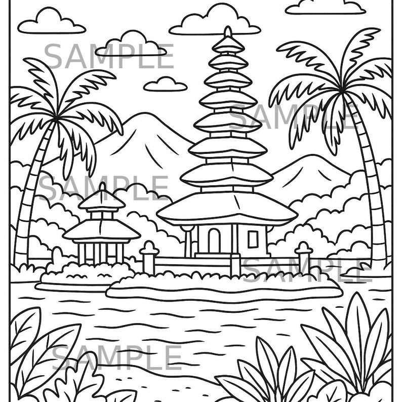 Bali Coloring Page Printable, Temple Landscape Adult Coloring Sheet ...