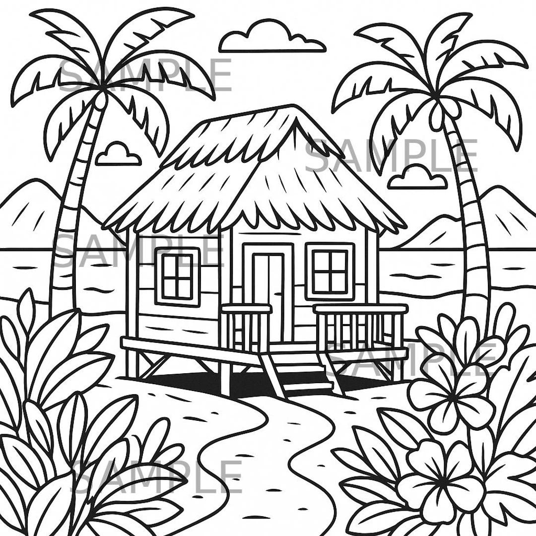 Tropical Hut Coloring Page PNG, Island Beach House Printable, Exotic ...