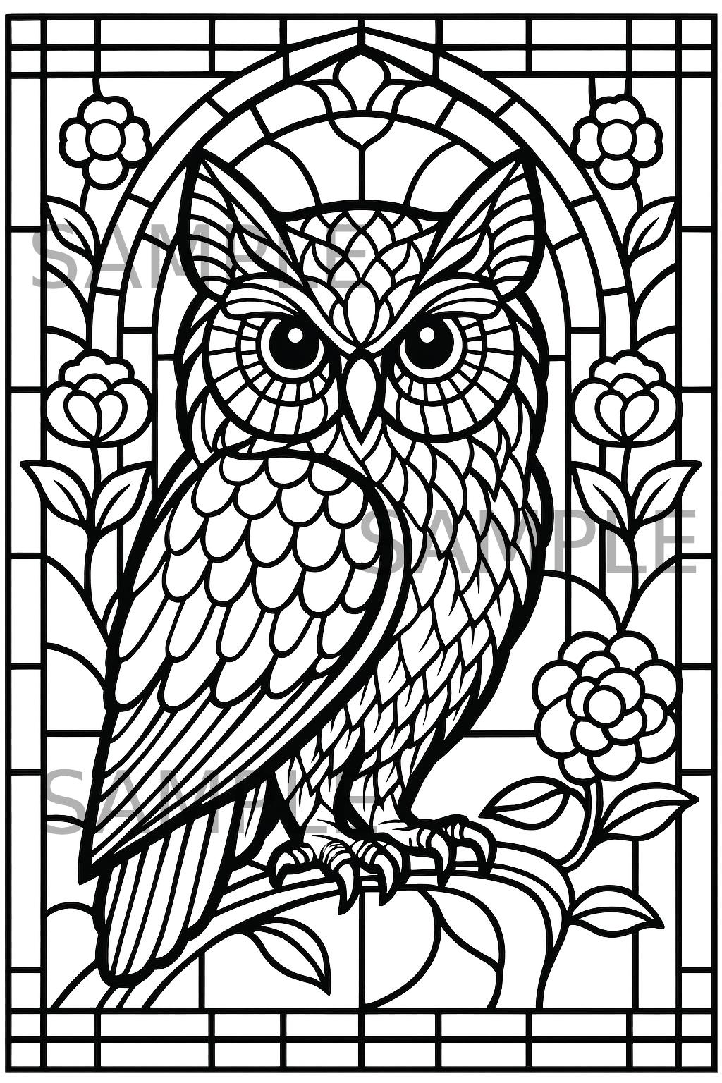 Owl Coloring Page for Adult & Kid, Stained Glass Bird Design, Intricate ...