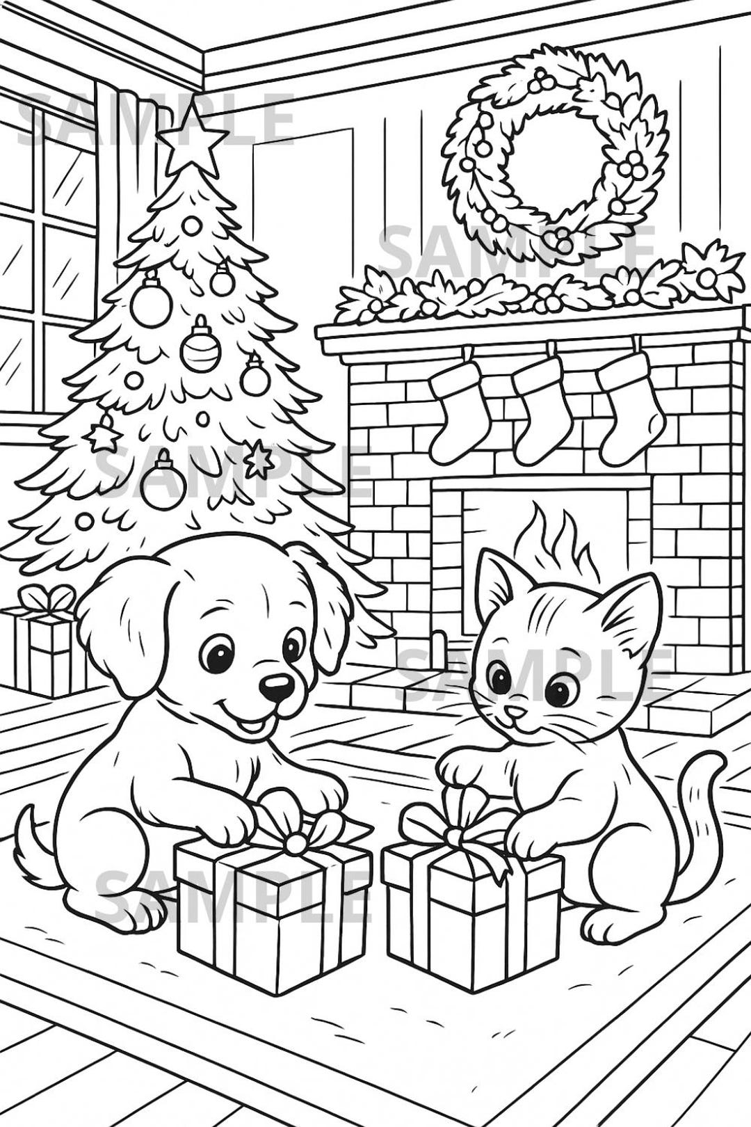 Christmas Puppy and Kitten Coloring Page, Cute Holiday Coloring Sheet ...