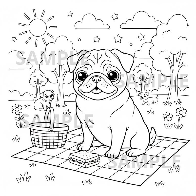 Pug Coloring Page Printable PNG PDF, Cute Pug Picnic Play Date Coloring ...