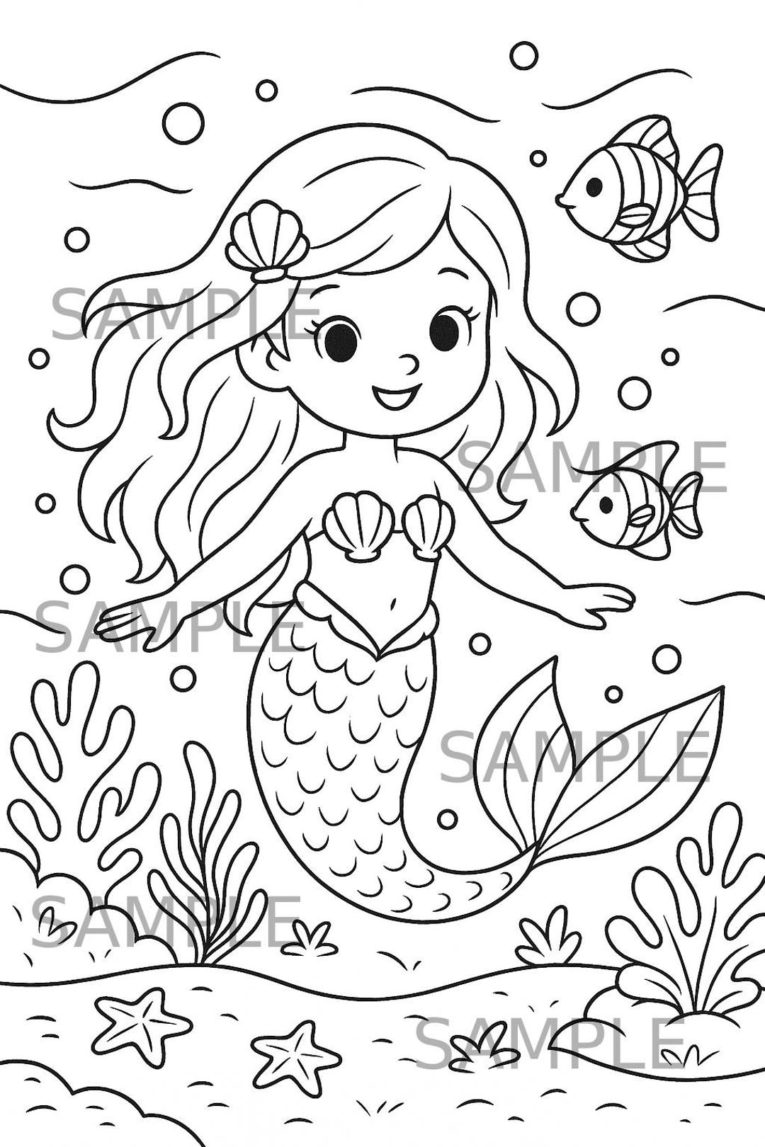 Mermaid Coloring Page for Kids PNG, Cute Under the Sea Printable, Ocean ...
