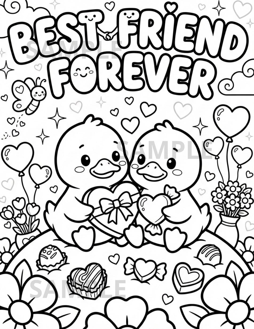 BFF Duckling Coloring Page, Best Friends Forever Coloring Page, Cute ...
