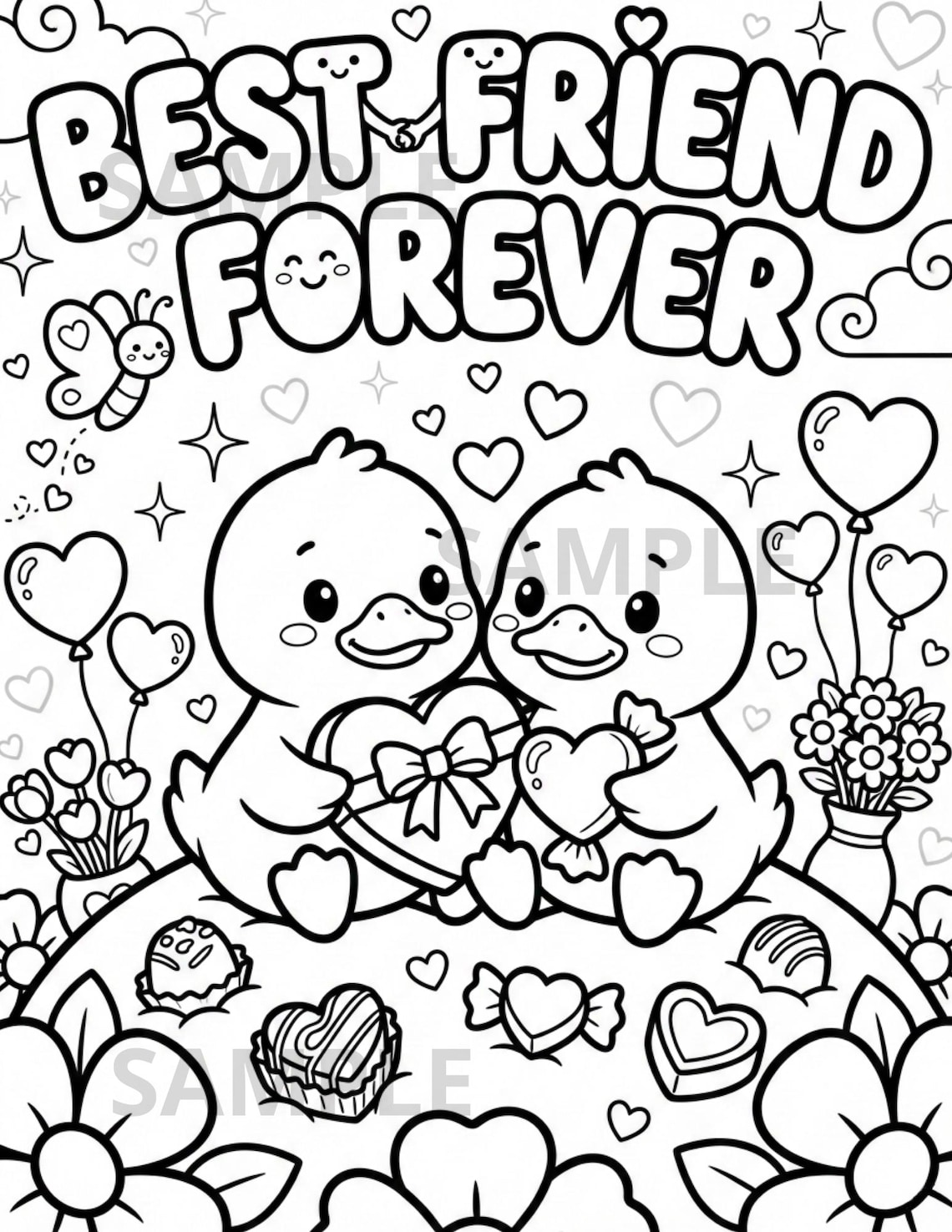 BFF Duckling Coloring Page, Best Friends Forever Coloring Page, Cute ...