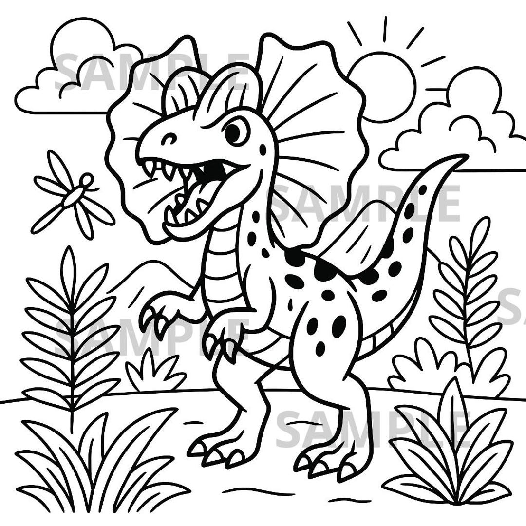 Dilophosaurus Dinosaur Coloring Page PNG, Printable Prehistoric Dino ...