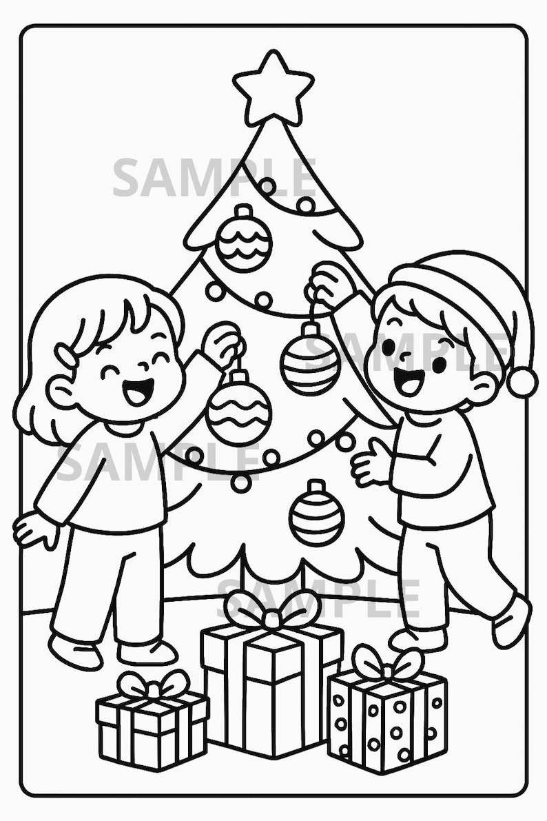 Kids Decorating Christmas Tree Coloring Page, Children With Gifts ...