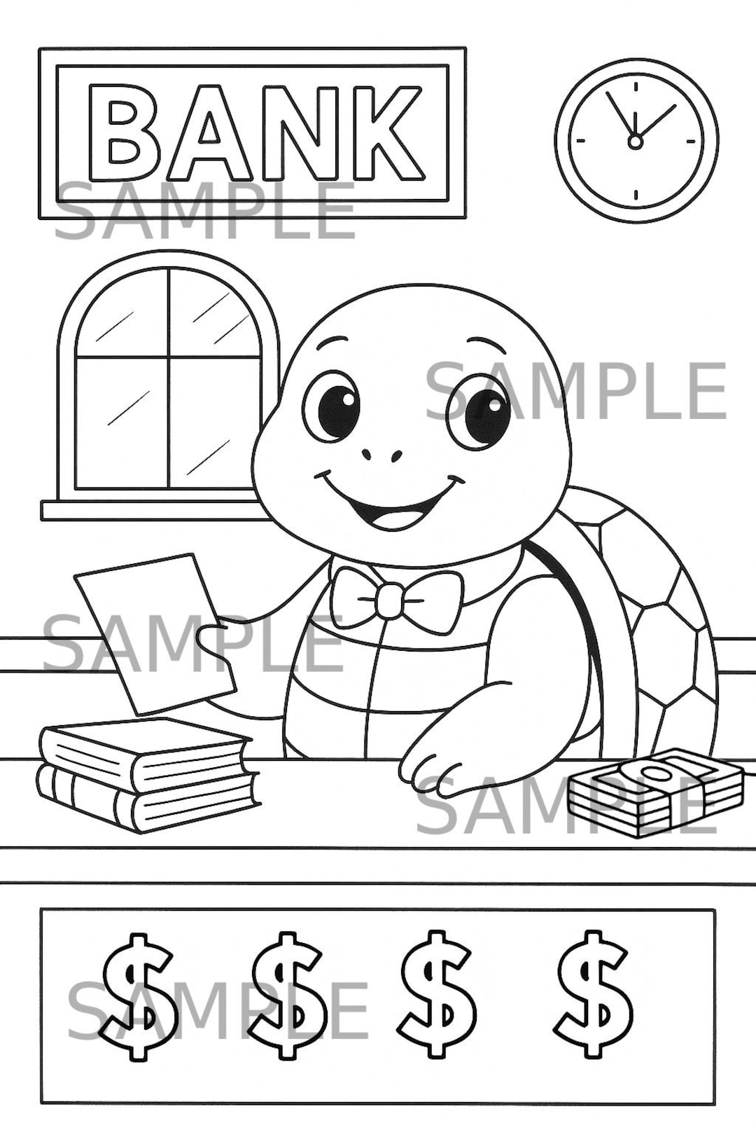 Turtle Banker Coloring Page, Printable Cute Animal Working Coloring ...