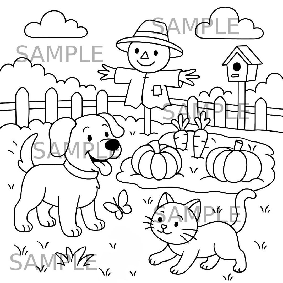 Farm Dog and Cat Coloring Page Printable, Scarecrow and Pumpkin Patch ...