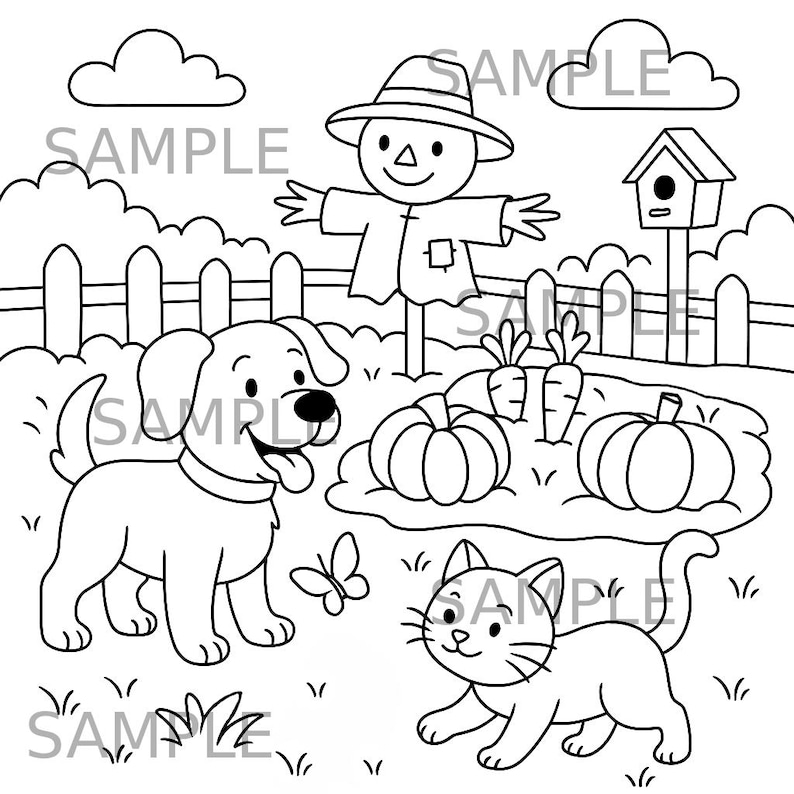 Farm Dog and Cat Coloring Page Printable, Scarecrow and Pumpkin Patch ...