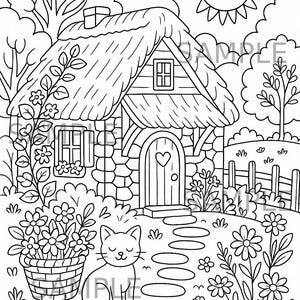 Cottagecore Cat Coloring Page, Cozy Cottage Coloring Sheet, Cute Cat ...