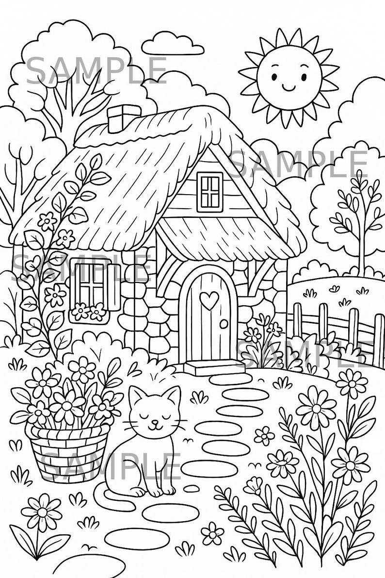 Cottagecore Cat Coloring Page, Cozy Cottage Coloring Sheet, Cute Cat ...
