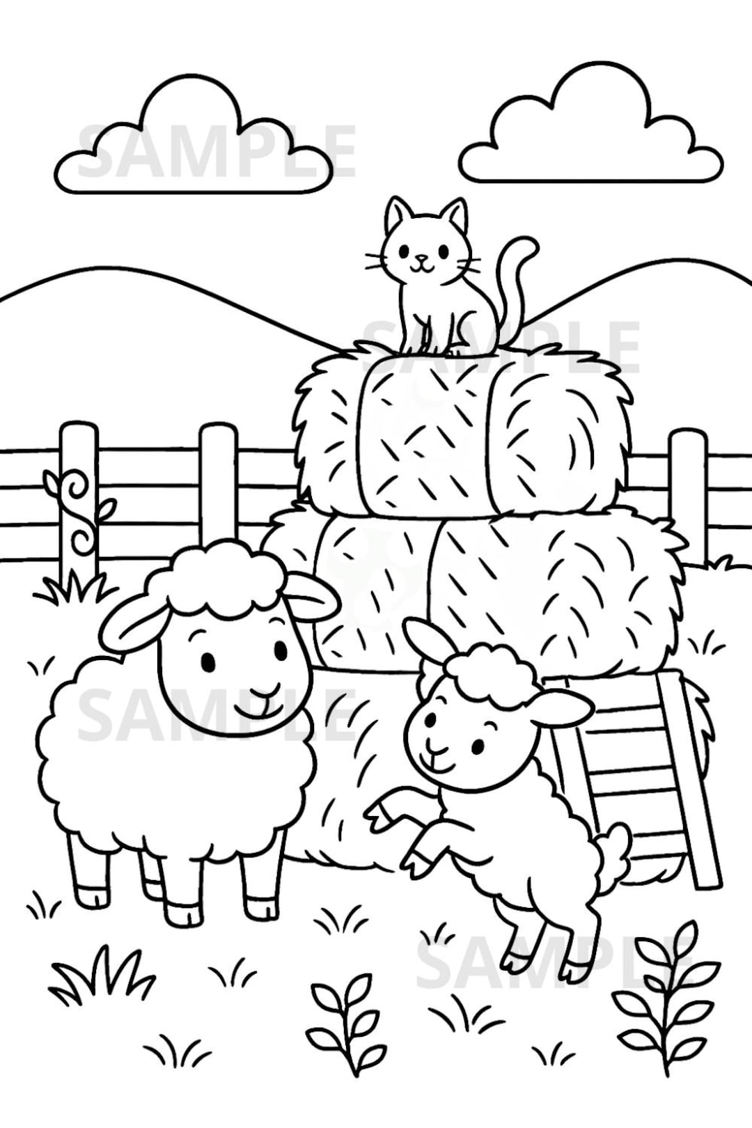 Farm Animal Coloring Page PNG, Sheep and Cat Haystack Scene, Baby Lamb ...