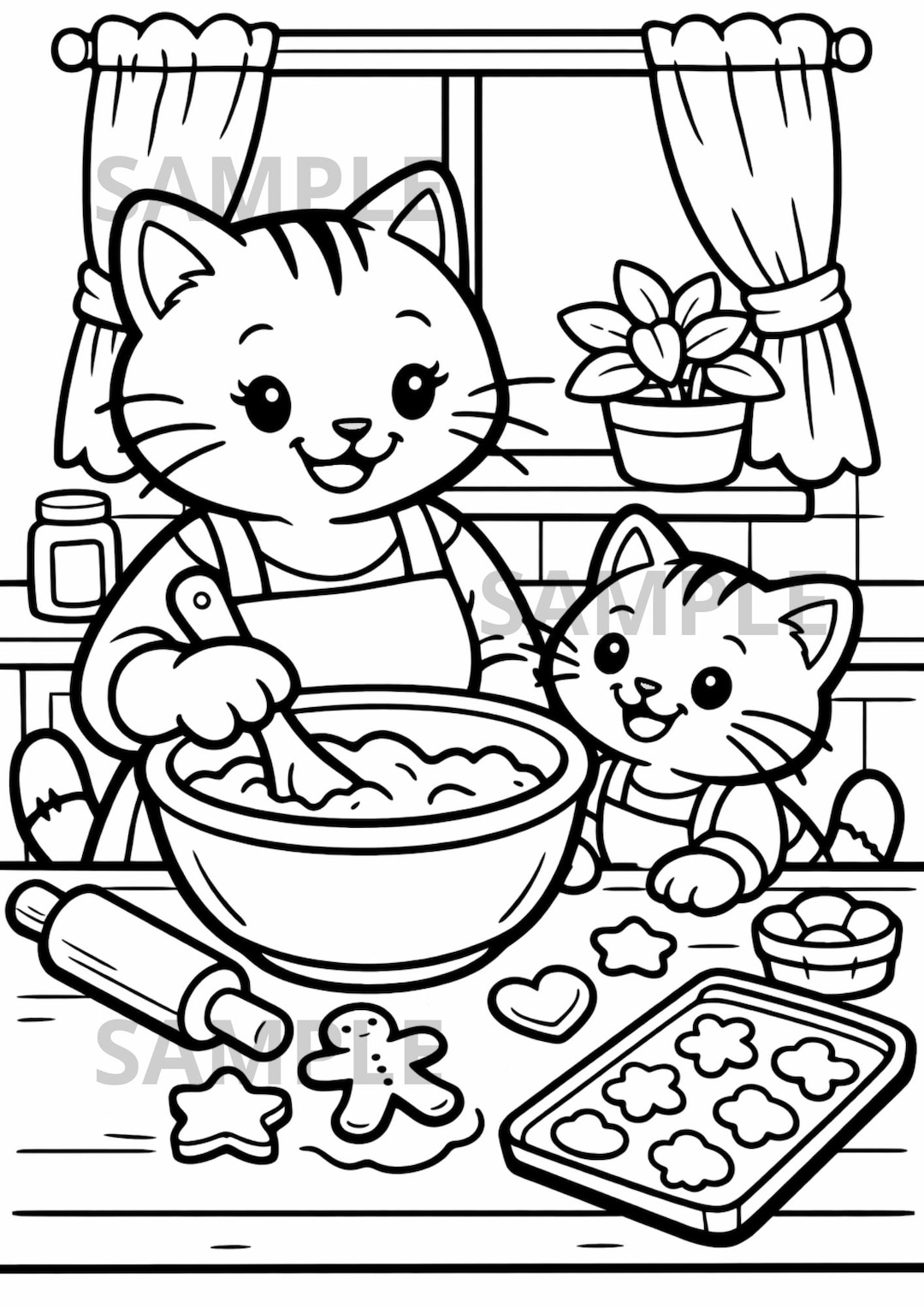 Mother’s Day Mama Cat Coloring Page, Mom and Kitten Baking Cookies ...