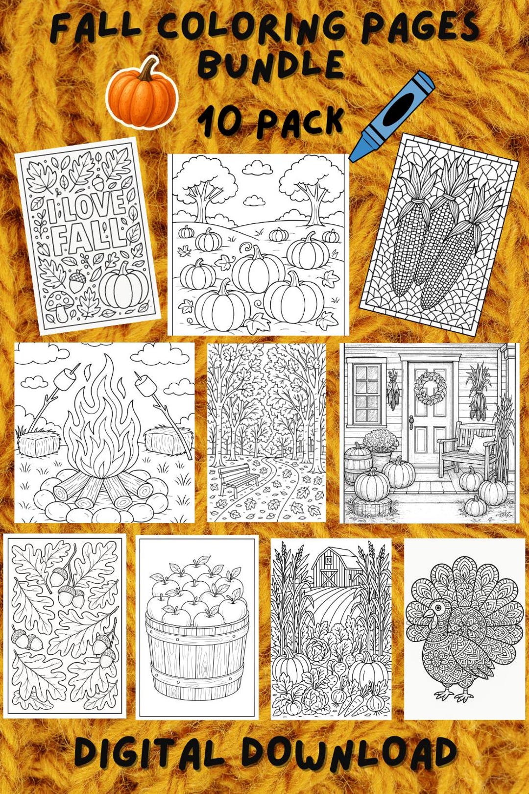 Fall Coloring Pages Bundle, Autumn Printable Art, Cozy Farmhouse Decor ...