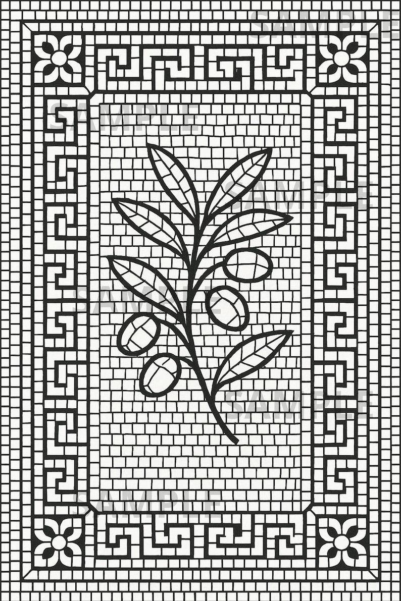 Tuscan Olive Branch Mosaic Coloring Page, Italian Tile Art, Greek Key ...