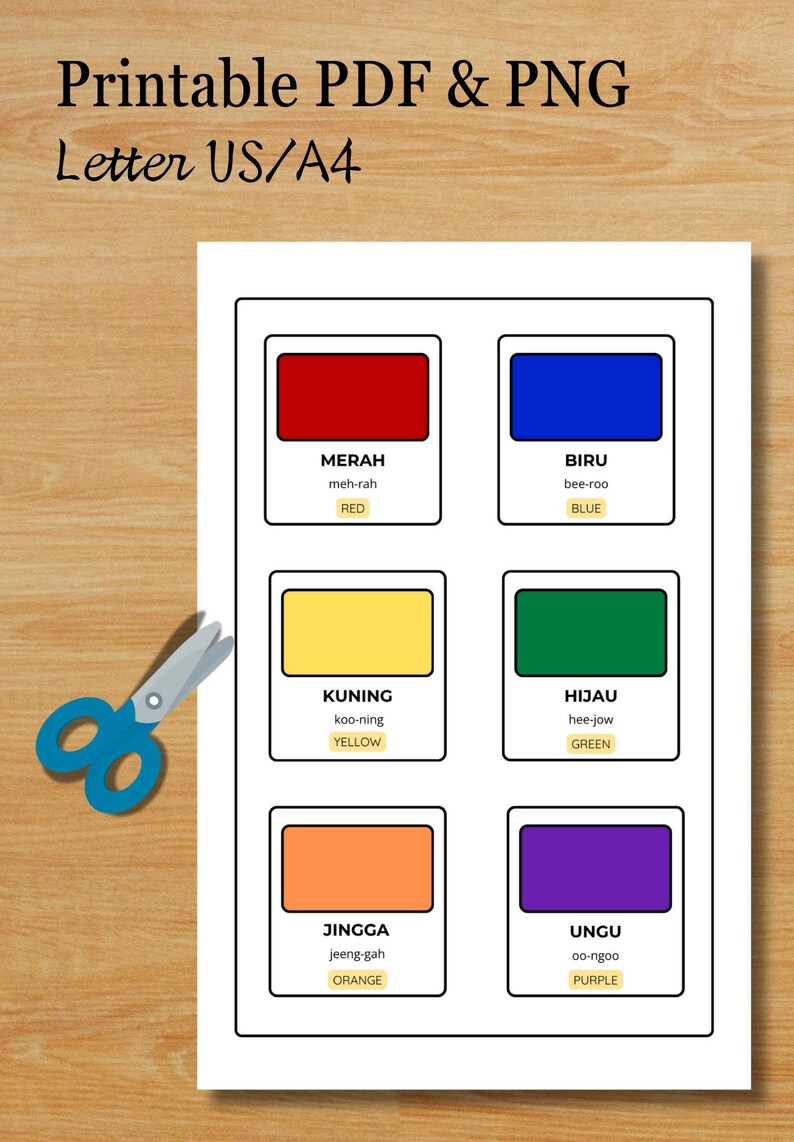 12 Indonesian Colors Flashcards, Learn Indonesian Color Vocabulary ...