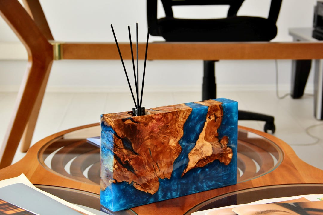 Olive Wood Reed Diffuser: Ocean Blue Resin, Relaxing Spa Fragrance - Etsy